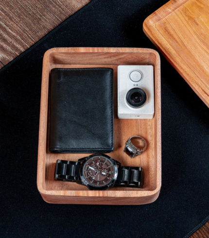 Premium Mahogany Wood Slim Desk Valet Box – Handcrafted